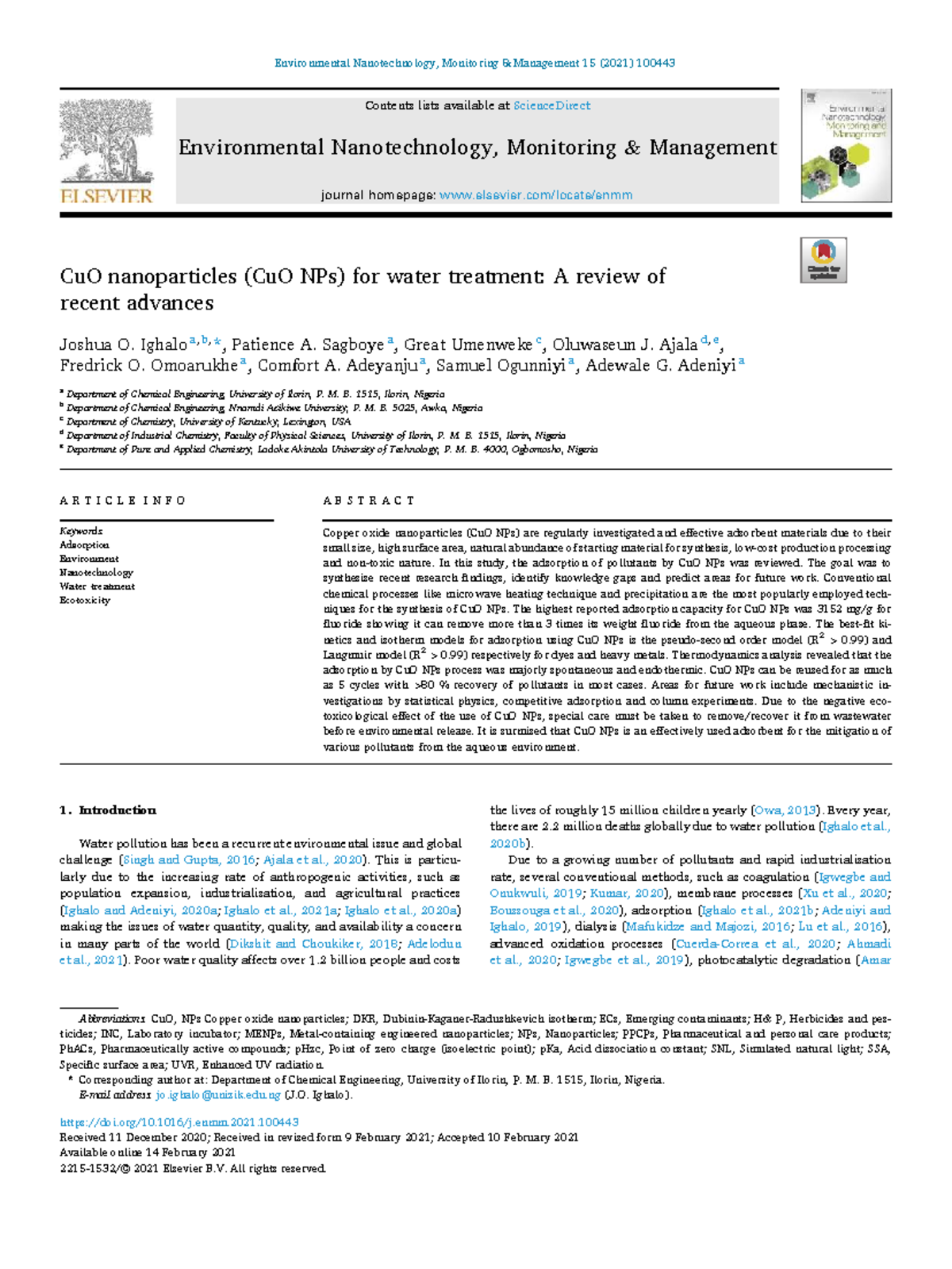 CuO Nanoparticles in Water Treatment: Advances and Applications (Ighalo ...