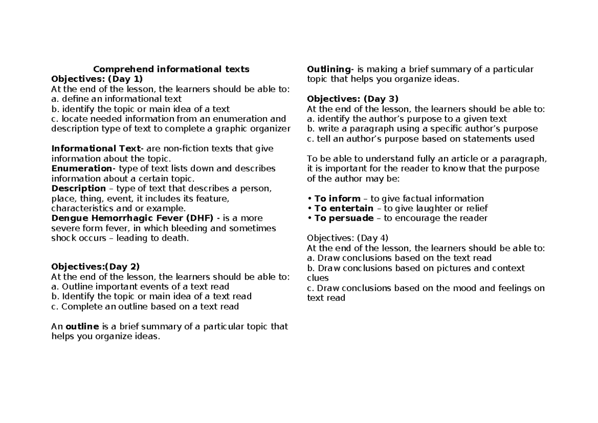 English 4: Comprehending Informational Texts - Lesson Notes - Studocu