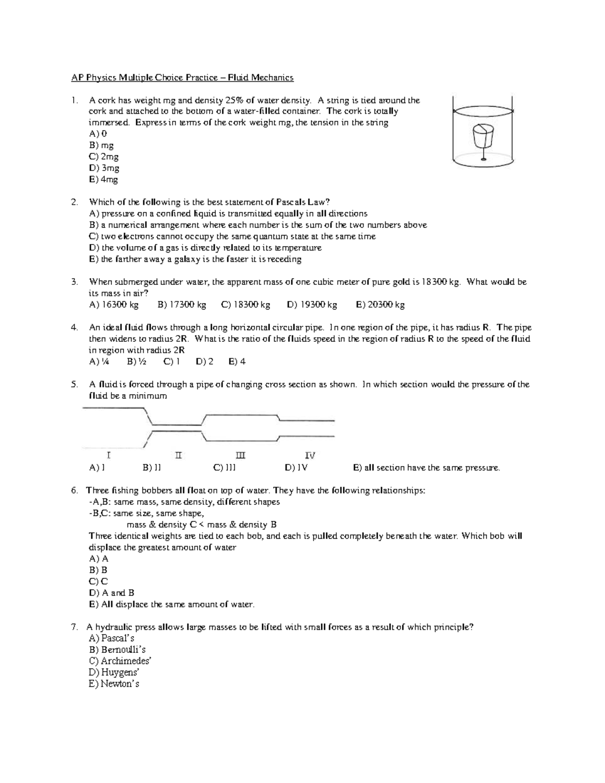 AP Physics (Fluid Mechanics) MC Practice Problems - Studocu