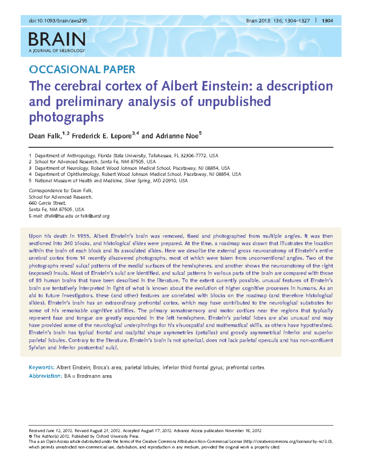 Frank, et al, 2013 (Einstein´s Cerebral Cortex) - BRAIN A JOURNAL OF NEUROLOGY OCCASIONAL PAPER ...