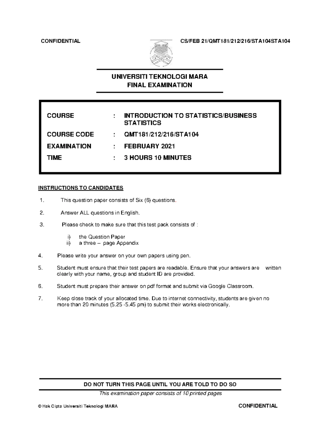 Final examination 2021 STA104 - UNIVERSITI TEKNOLOGI MARA FINAL ...
