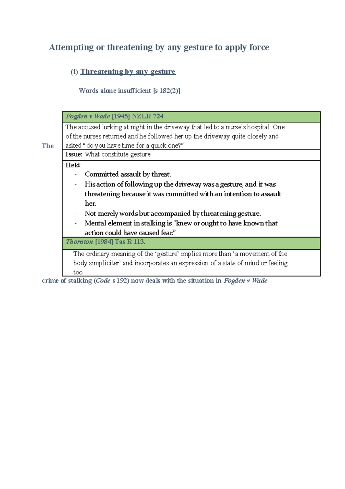 Legal Analysis of Gestures in Threatening Behavior: Course Code 182 ...