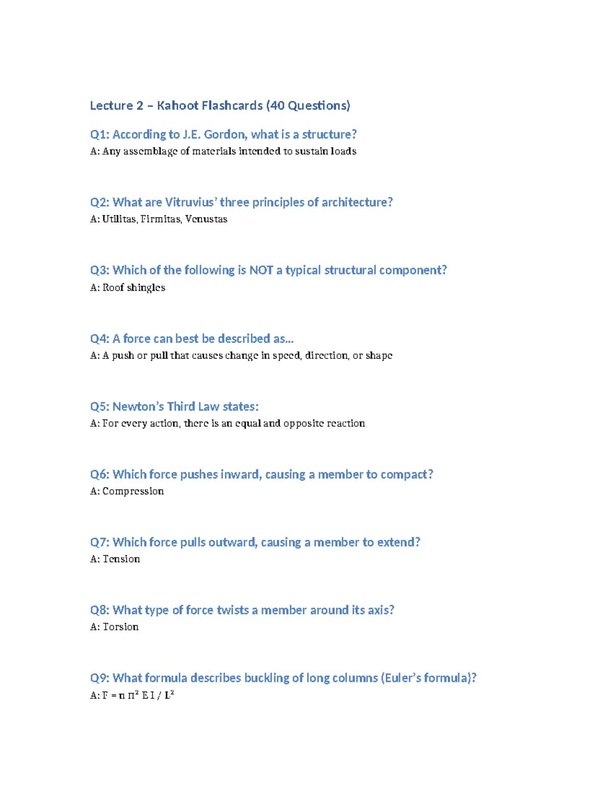 Structural Engineering Lecture 2: Kahoot Flashcards (40 Qs) - Studocu