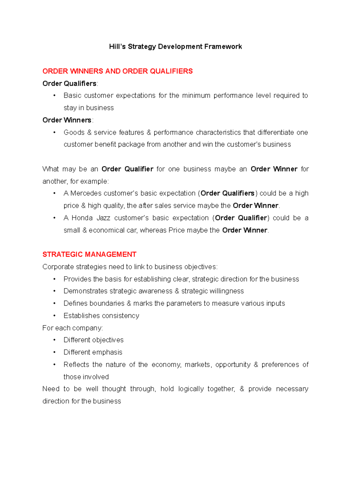Hill's Strategy Development Framework Notes (MGT 405) - Studocu