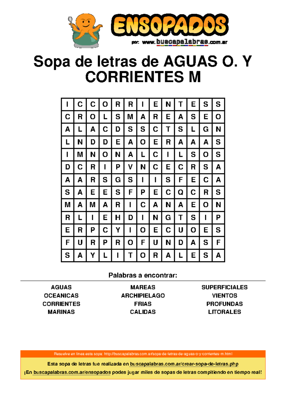 Sopa de Letras: Aguas O. y Corrientes M. - Palabras Clave - Studocu