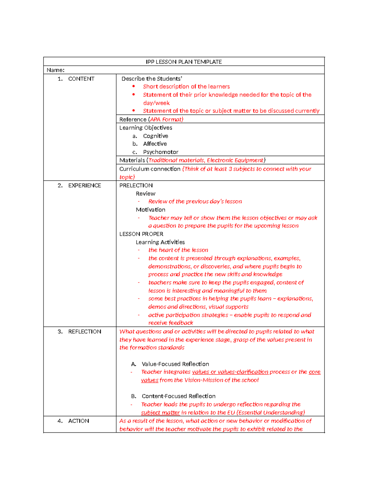 IPP Lesson PLAN Template - IPP LESSON PLAN TEMPLATE Name: 1. CONTENT ...