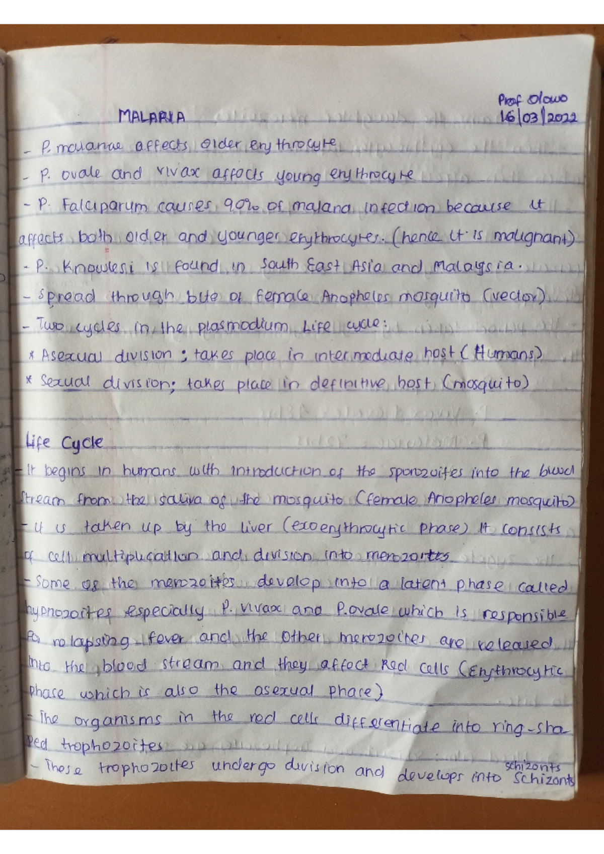 Malaria Class NOTE - Prof Olowo-Samuel - Medical Microbiology - Studocu