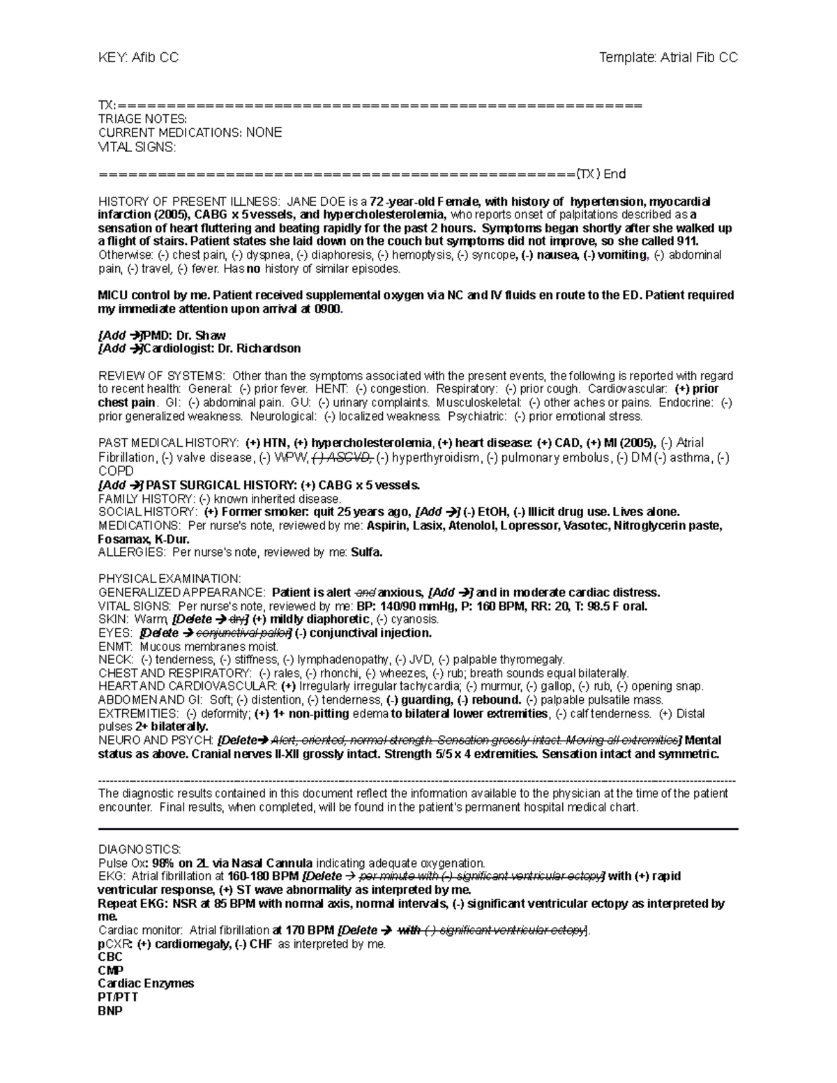 AFIB (CC) - Emergency Physical Exam Findings and Management Plan - Studocu