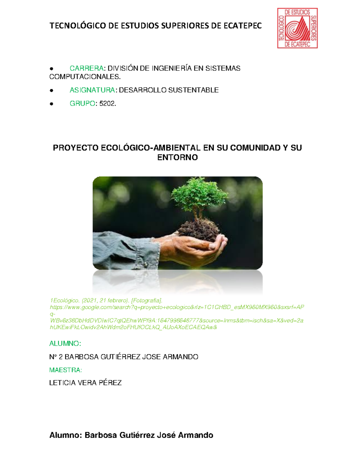 Proyecto Ecológico- Ambiental EN SU Comunidad Y SU Entorno - CARRERA: DIVISIÓN DE INGENIERÍA EN ...