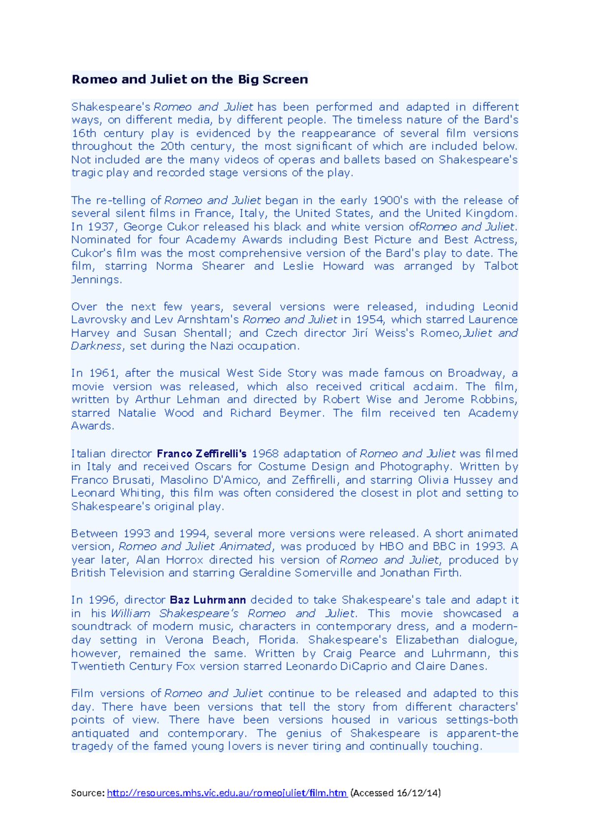 Film Adaptations of Romeo and Juliet: A Comprehensive Overview - Studocu