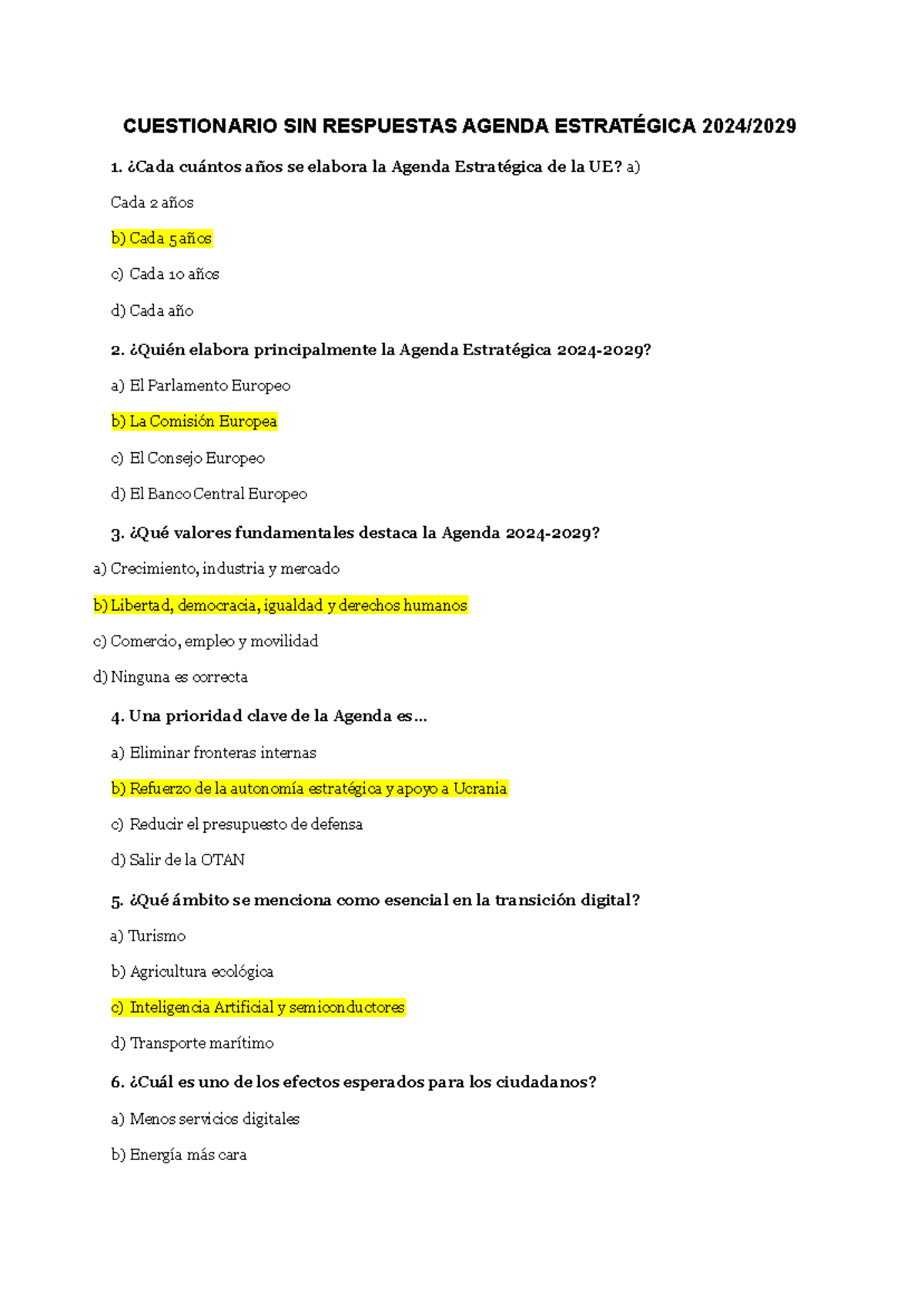 Cuestionario Agenda Estratégica: Preguntas y Respuestas - Studocu