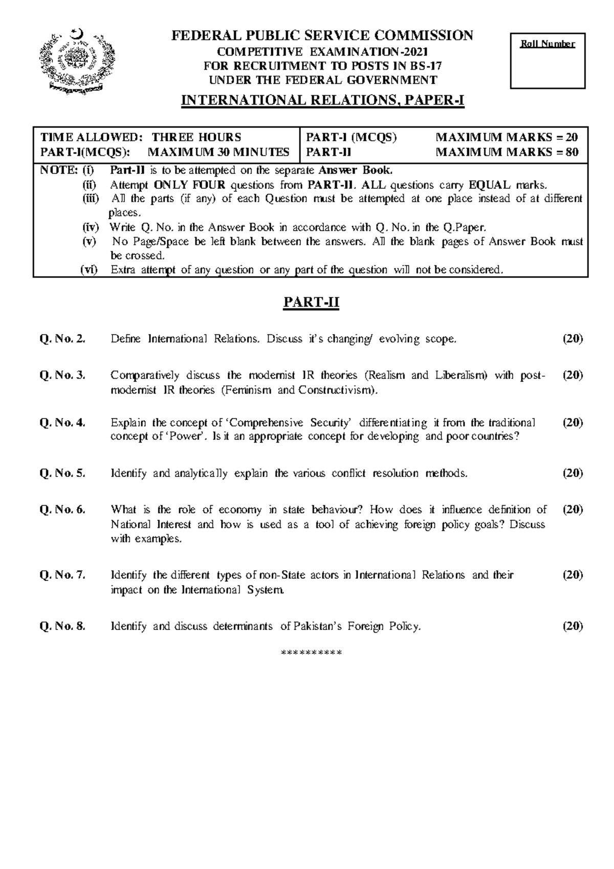 International Relations Paper-I 2021: Exam Format & Key Questions - Studocu