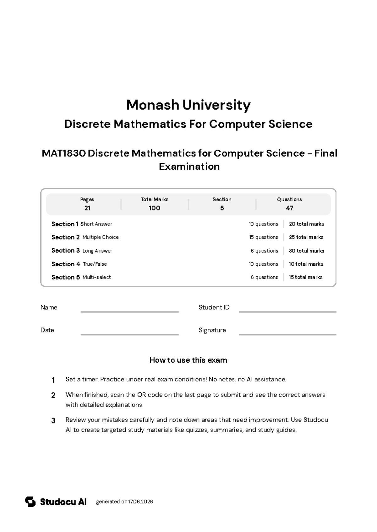 MAT1830 Discrete Mathematics - Final Exam - Studocu