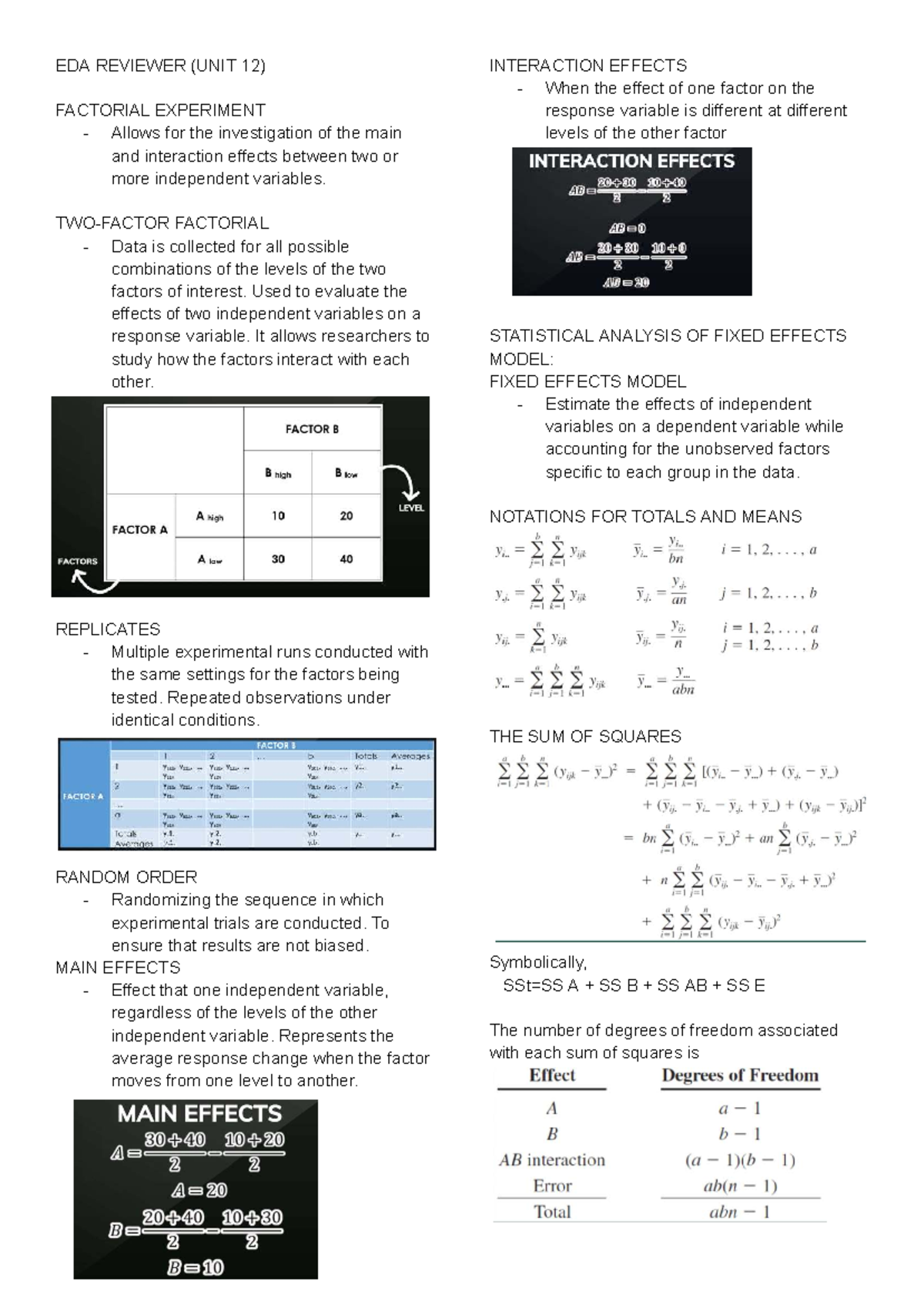 EDA Reviewer (UNIT 12) - Factorial Experiment Notes - Studocu