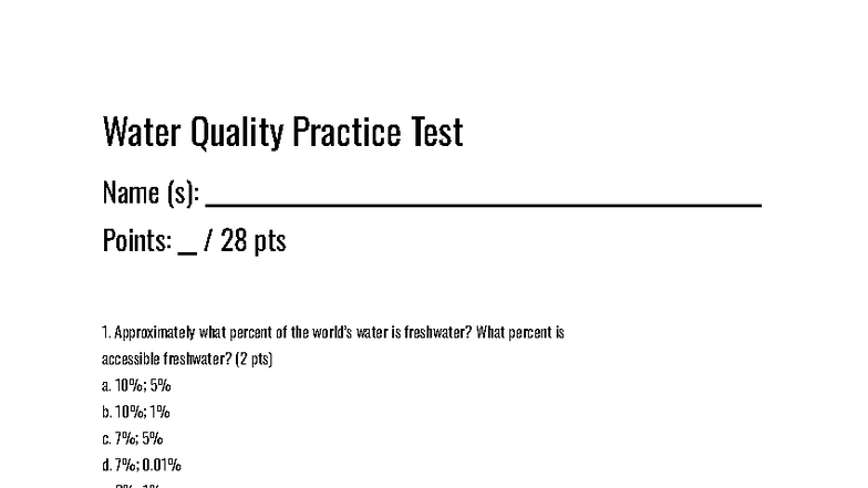 Water Quality Practice Test (28 pts) - Freshwater Ecosystems ...