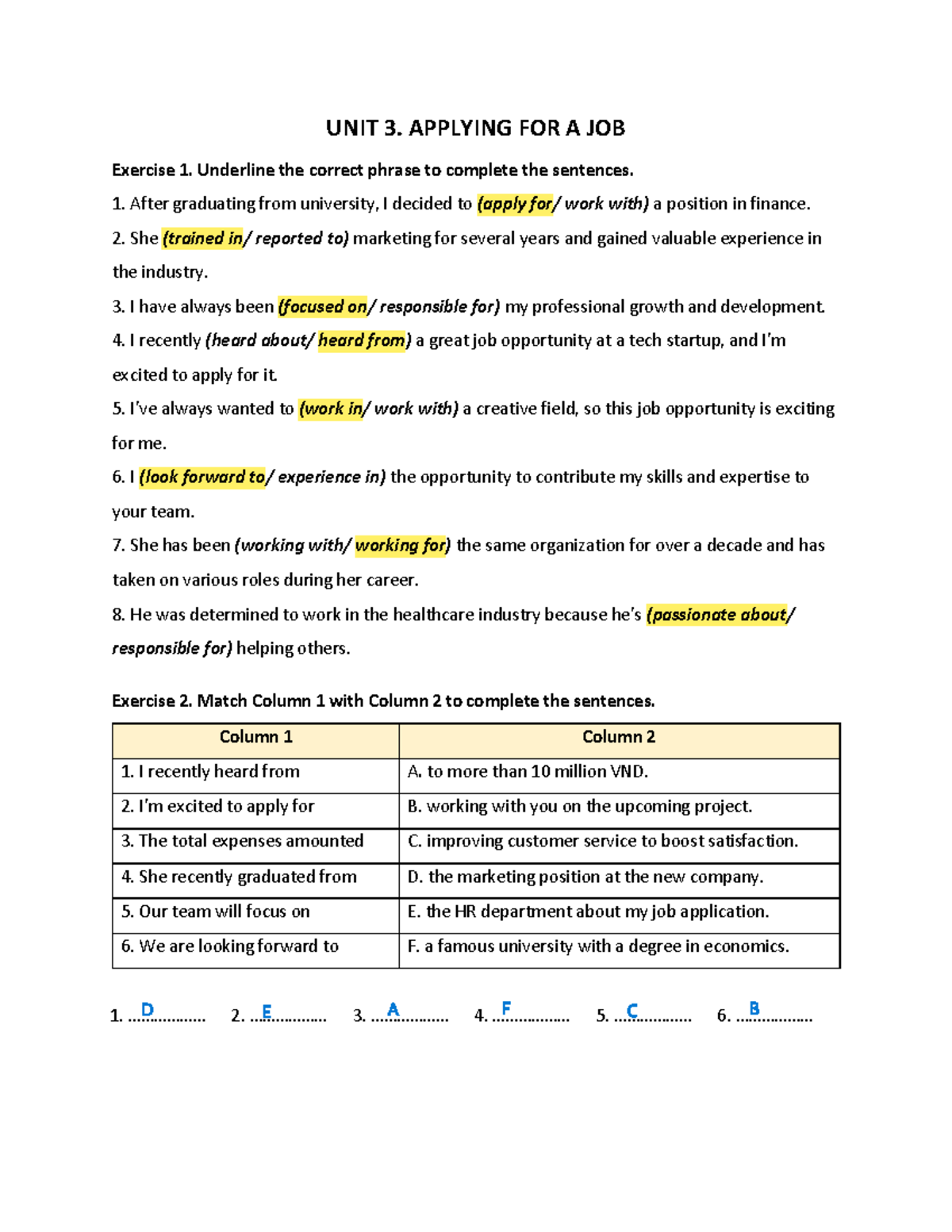 Unit 3: Applying for a Job - Vocabulary Test and Exercises - Studocu