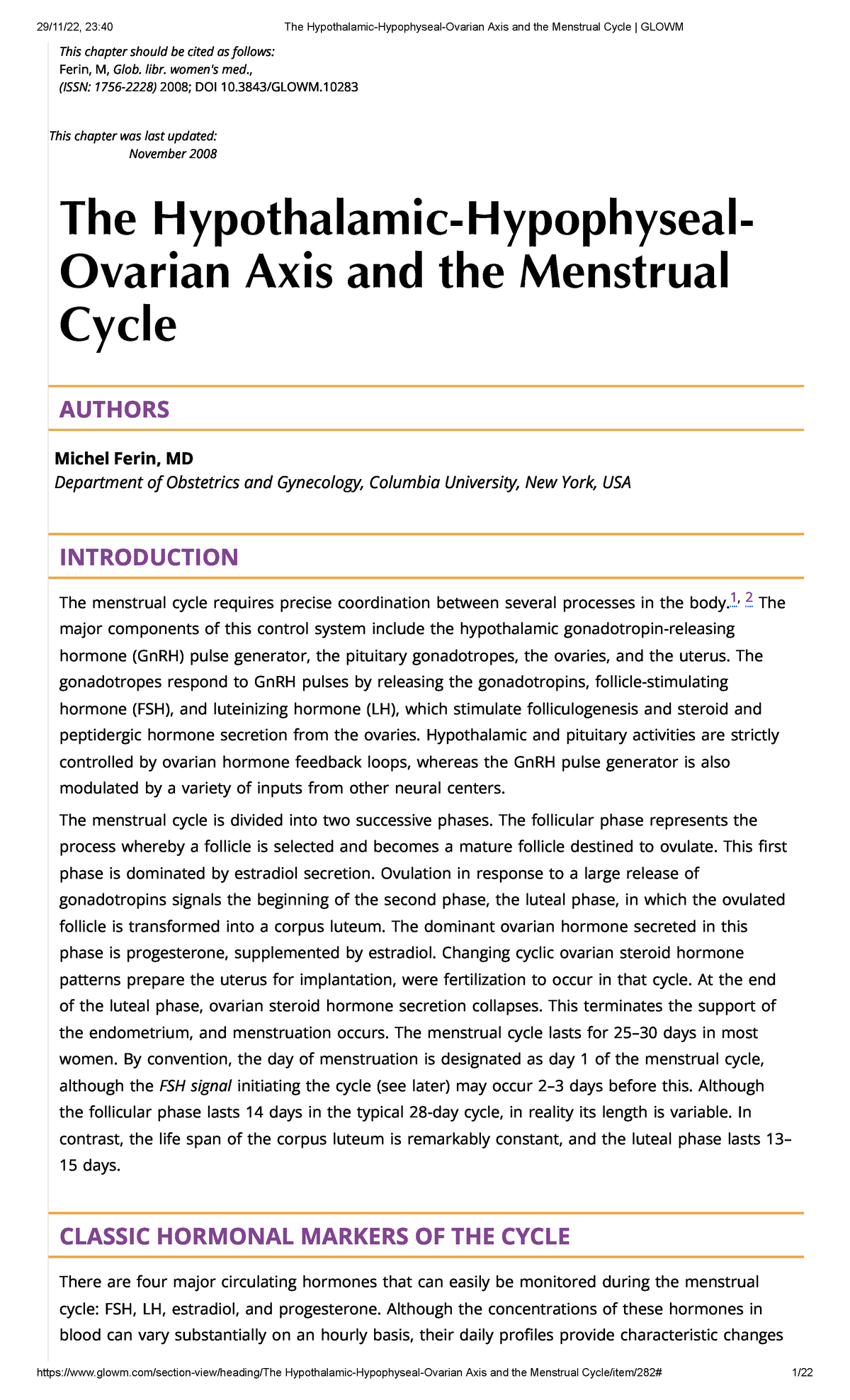 The Hypothalamic-Hypophyseal-Ovarian Axis and the Menstrual Cycle Glowm ...