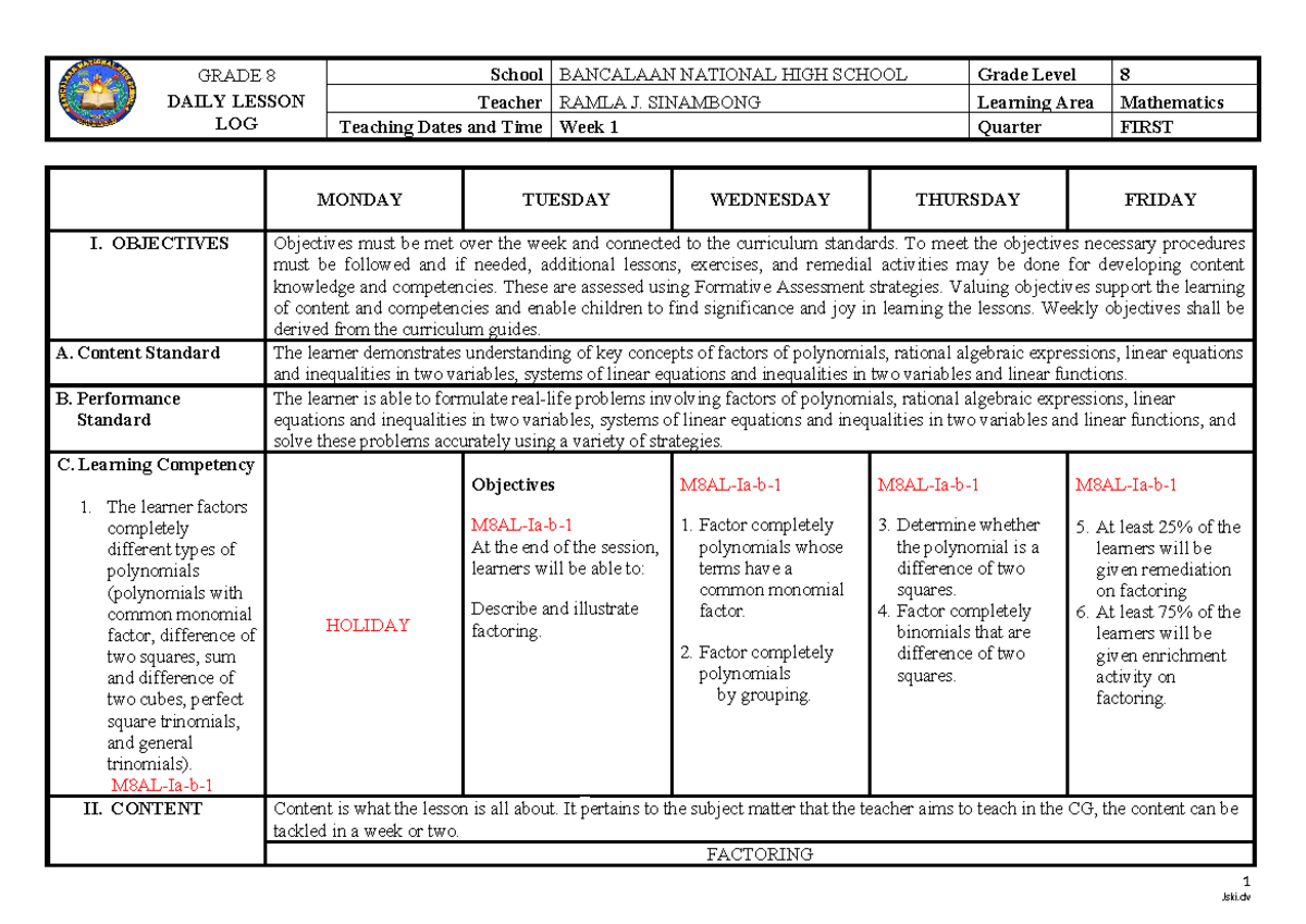 GRADE 8 MATHEMATICS DAILY LESSON LOG - WEEK 1 - Studocu