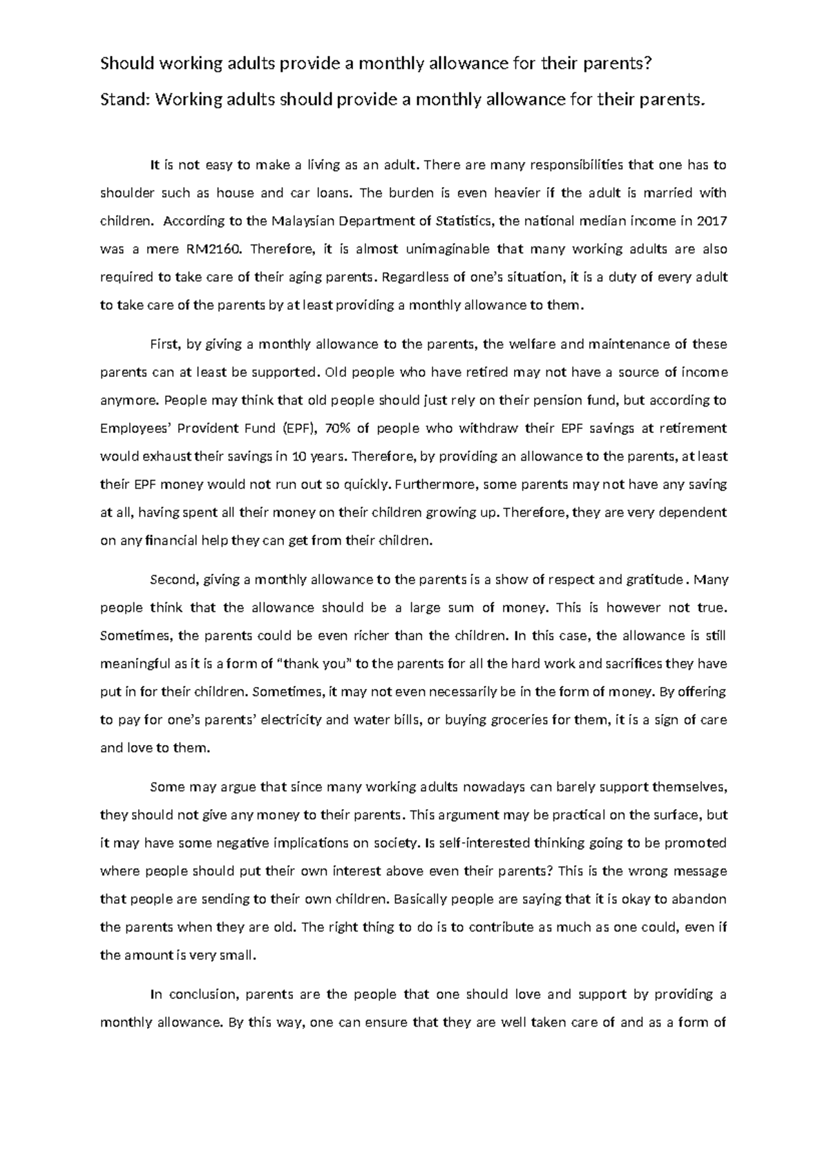 Argumentative Essay: Should Working Adults Support Parents? - Studocu