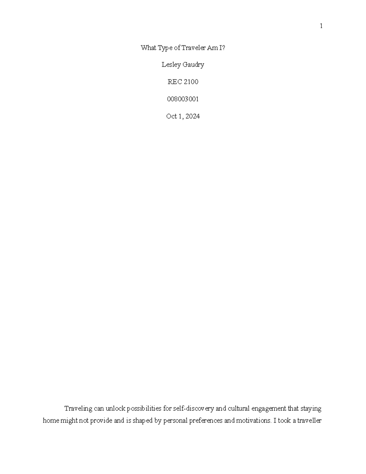 Exploring My Traveler Profile: Insights from REC 2100 Reflection - Studocu