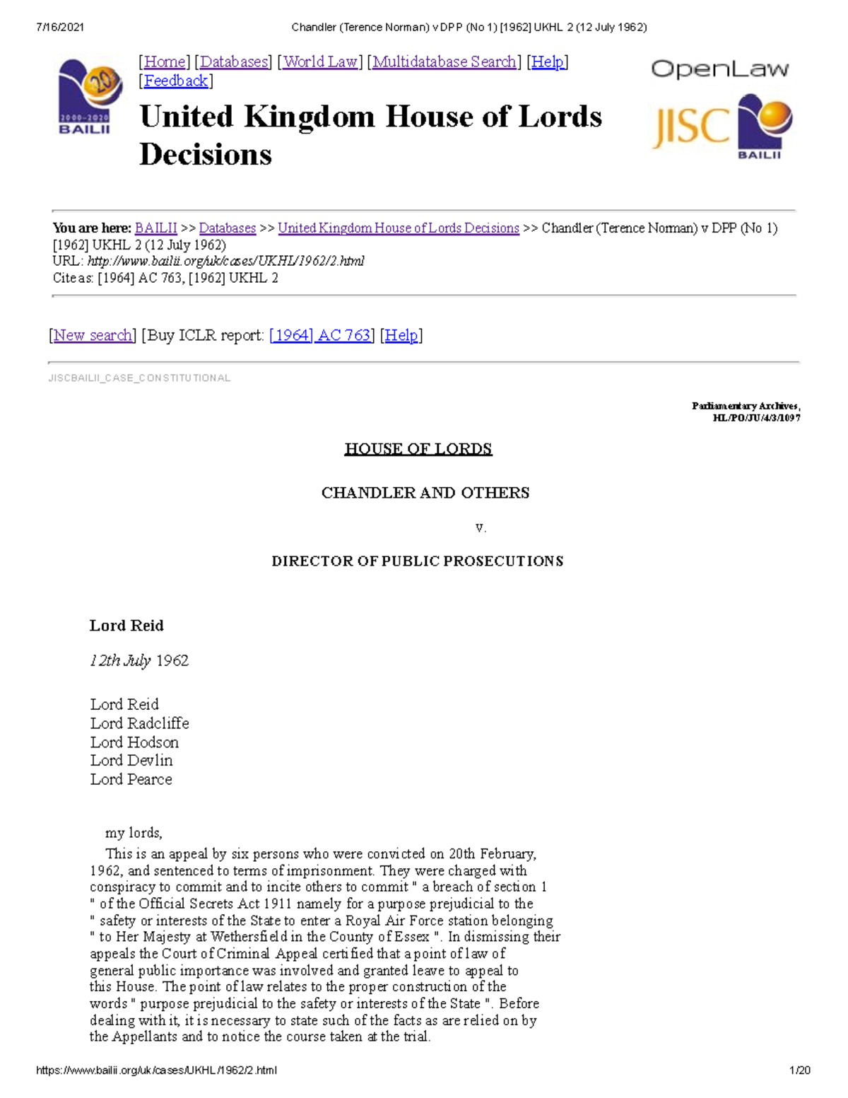 Chandler v DPP (No 1) UKHL 2 (1962) - Official Secrets Act Analysis ...