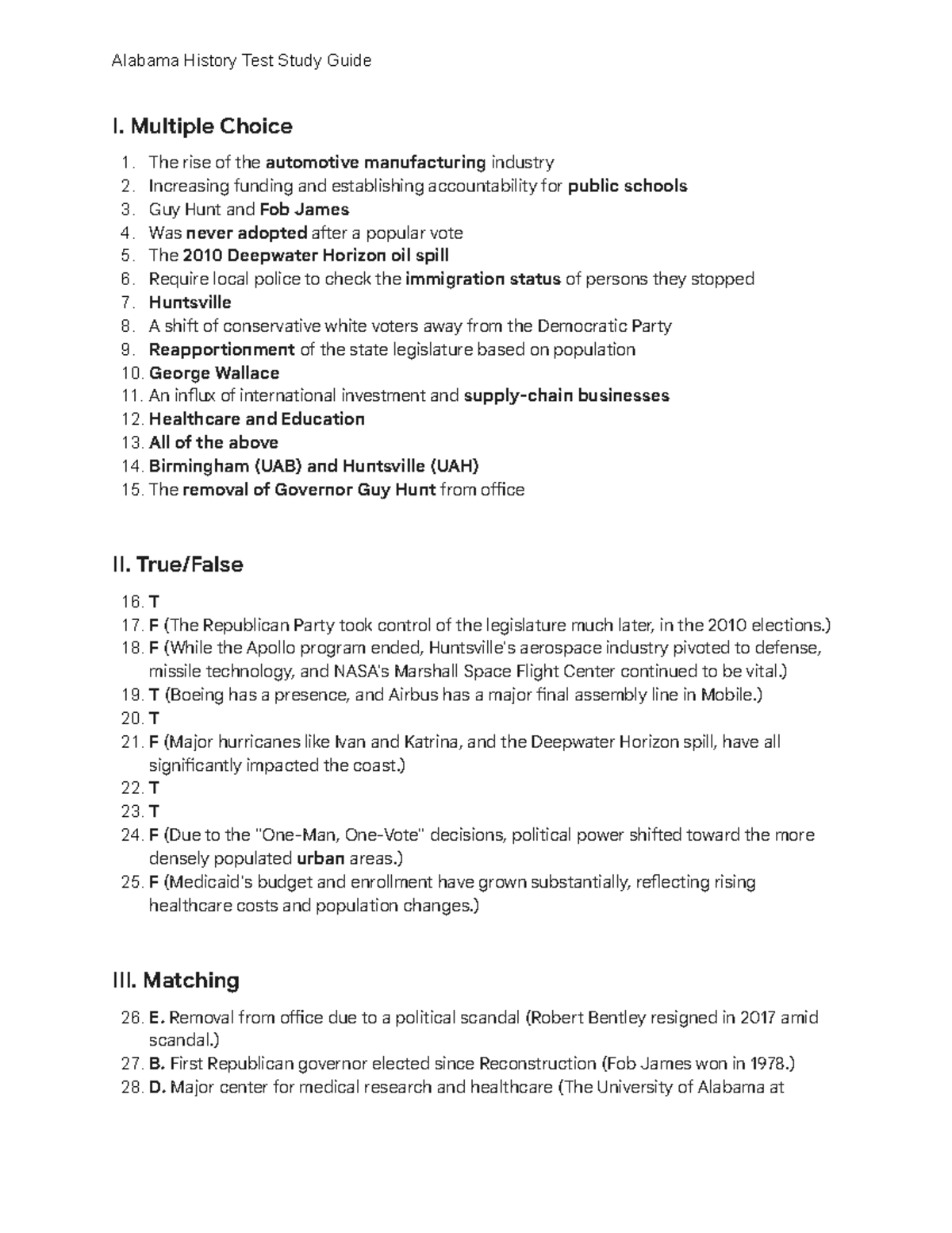 Alabama History Test Study Guide I: Key Insights and Topics - Studocu