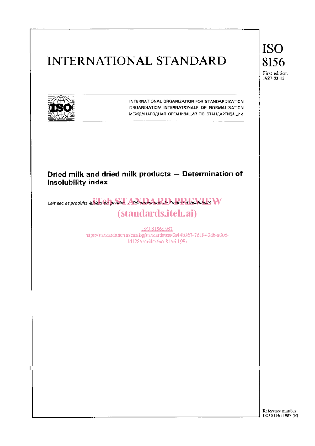 ISO 8156:1987 Standard for Determining Insolubility Index in Dried Milk ...