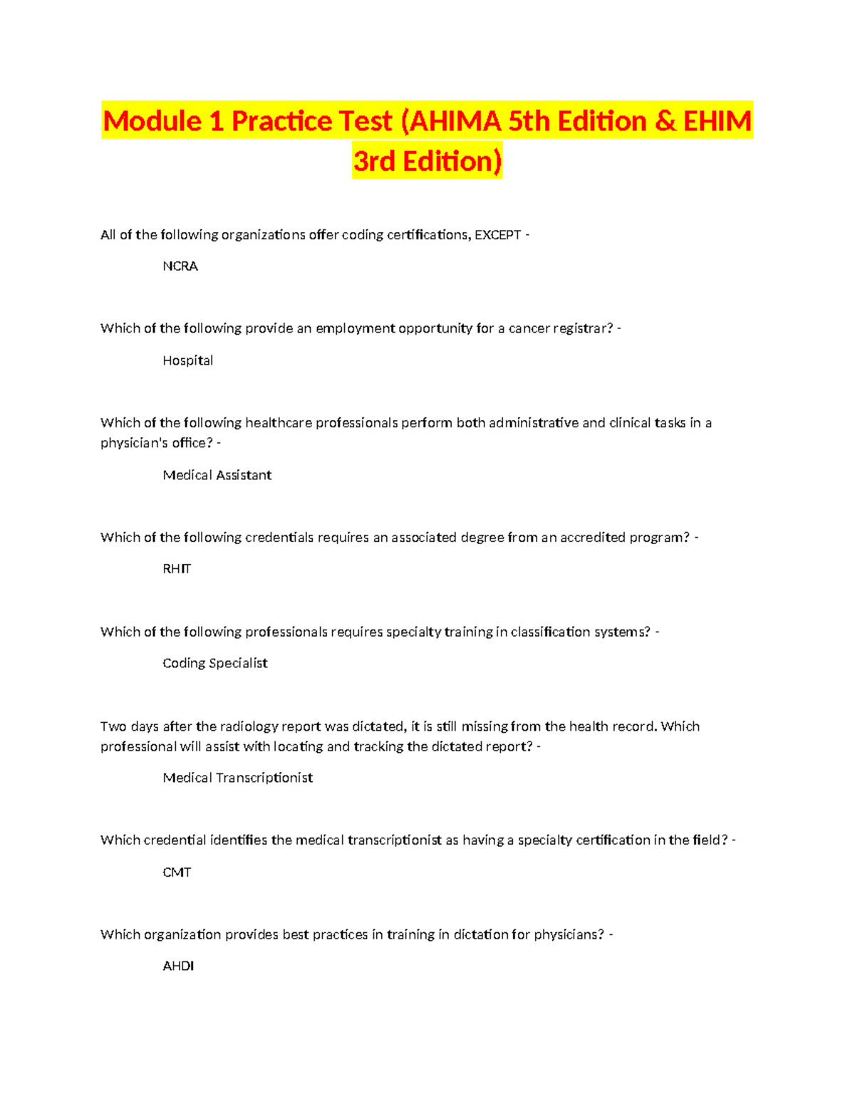 Module 1 Practice Test Questions (AHIMA 5th Ed & EHIM 3rd Ed) - Studocu