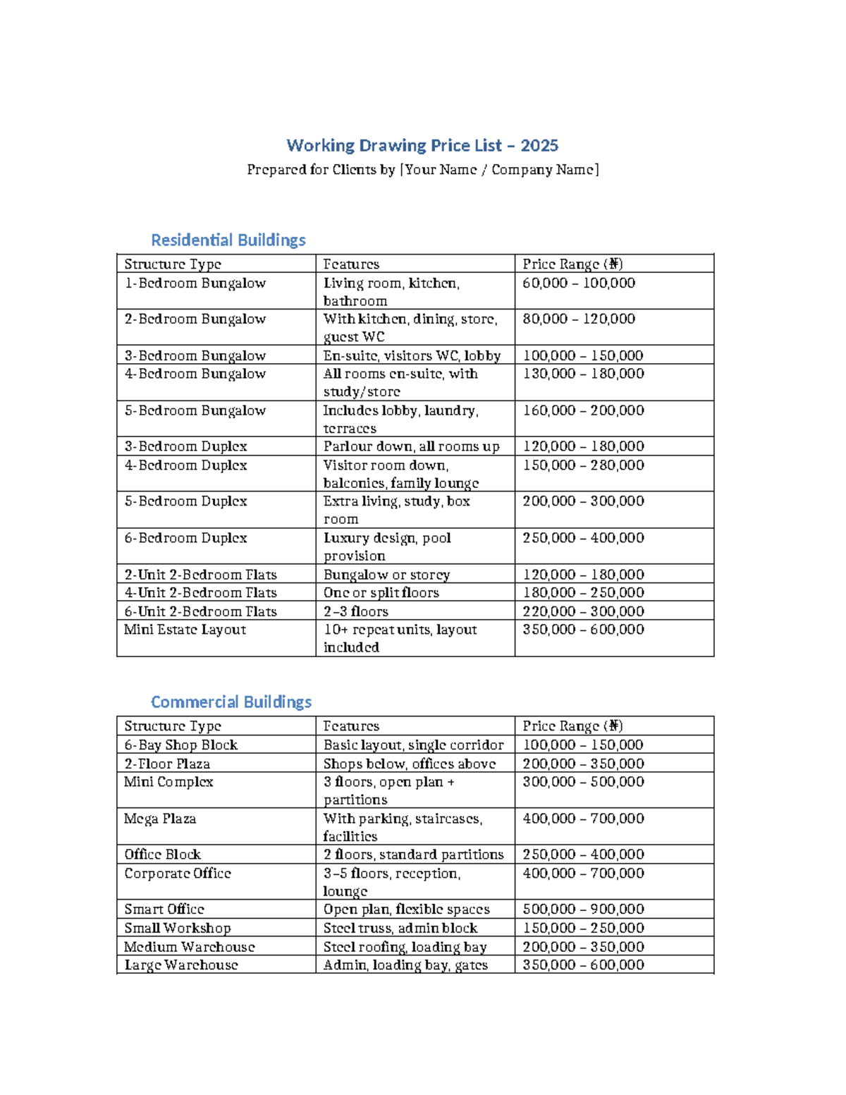 Working Drawing Price List 2025 for Residential & Commercial Structures ...