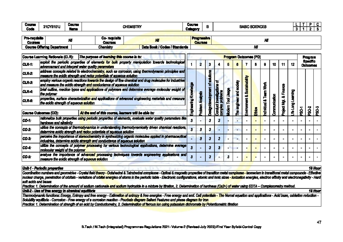 Chemistry B LTPC 21CYB101J Course Overview and Key Topics - Studocu
