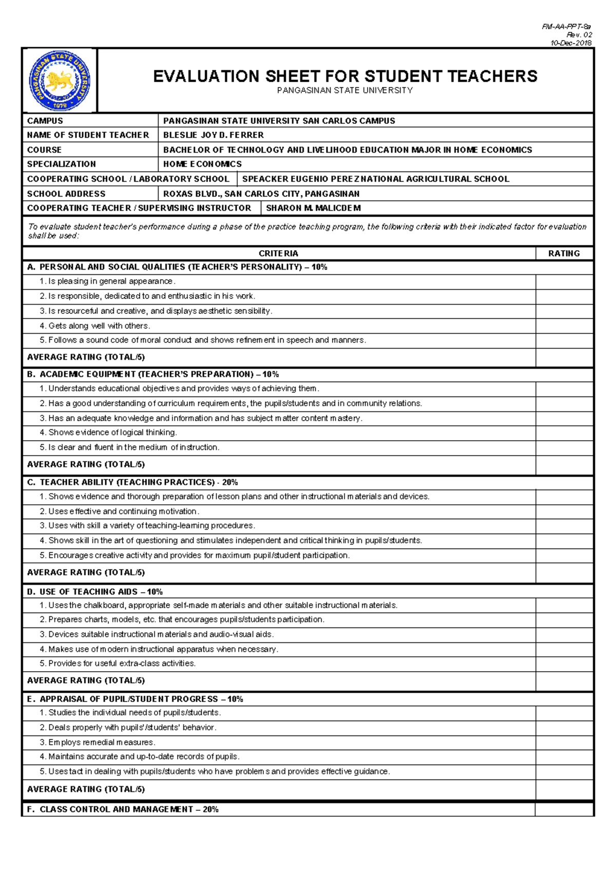 08a Evaluation Sheet for Practice Teachers rev - FM-AA-PPT-8a Rev. 02 10-Dec- EVALUATION SHEET ...