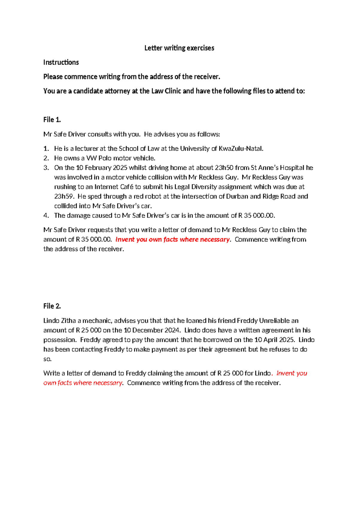 Letter Writing Exercises: Legal Demand Letters for Prof Training 1 ...