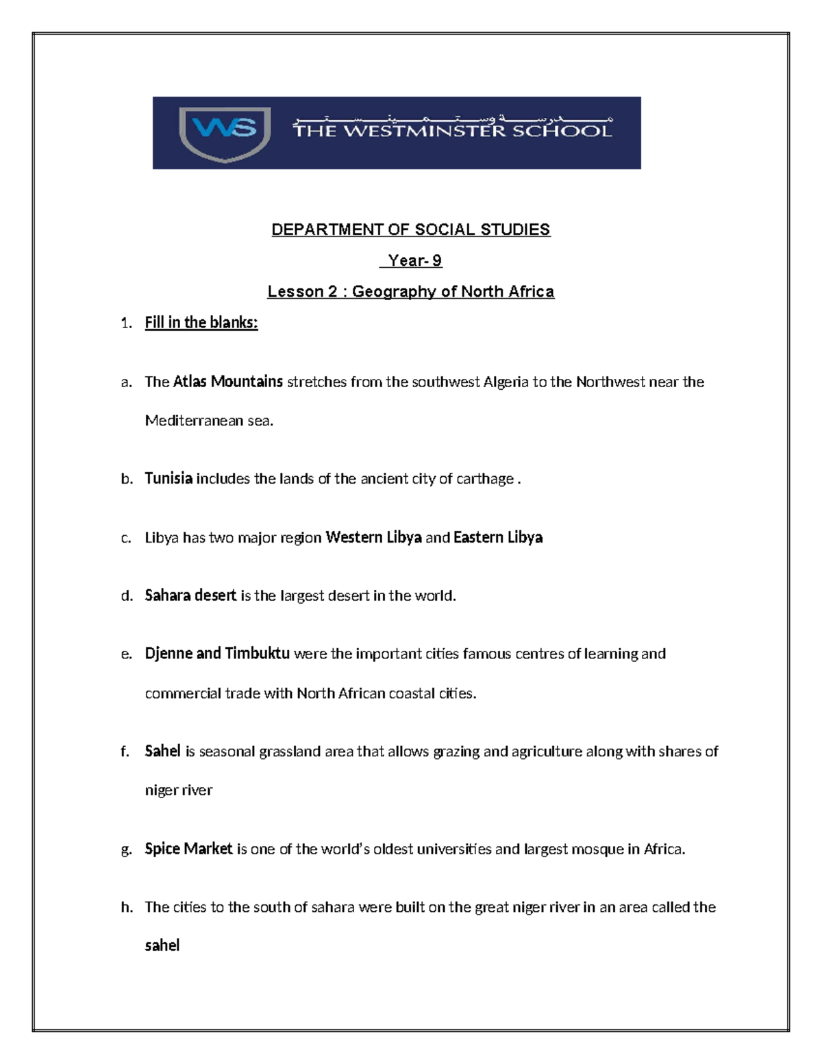 SOCIAL STUDIES 9 Lesson 2: Geography & Colonial History of North Africa ...