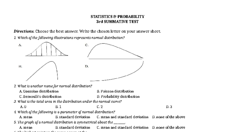 STATISTICS 3rd SUMMATIVE TEST: Normal Distribution Concepts - Studocu