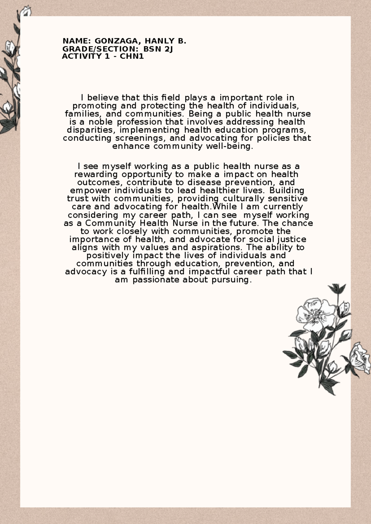 Chn - An essay - NAME: GONZAGA, HANLY B. GRADE/SECTION: BSN 2J ACTIVITY ...