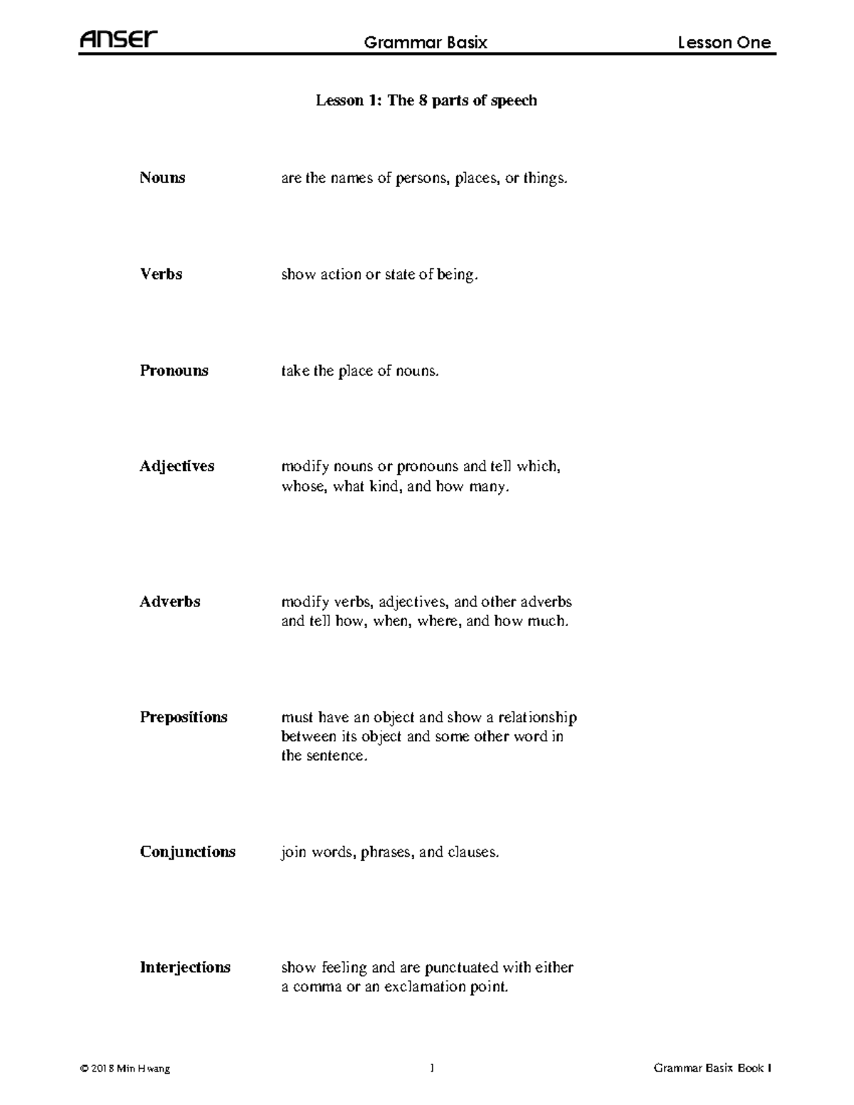 Grammar Basix Lesson 1: Understanding the 8 Parts of Speech - Studocu