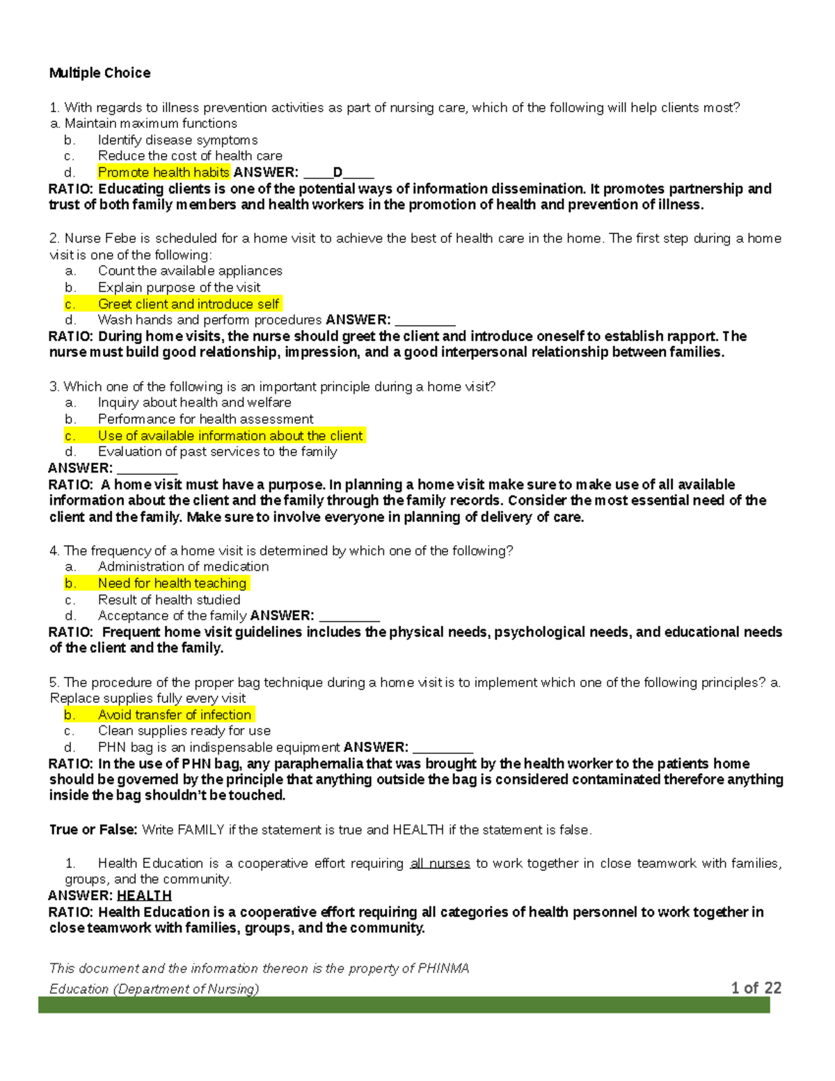Multiple Choice Questions - Nursing Care and Health Education (CVE 101 ...