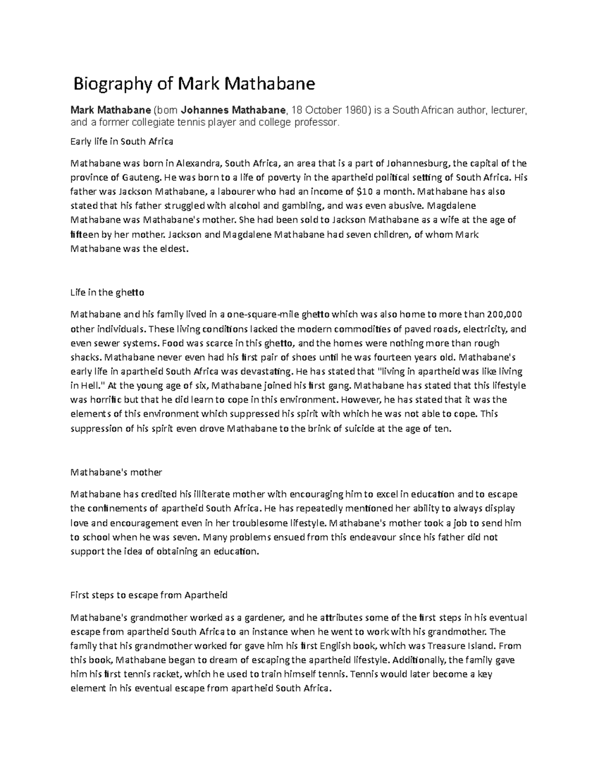 Biography of Mark Mathabane: A Journey from Apartheid to Success - Studocu