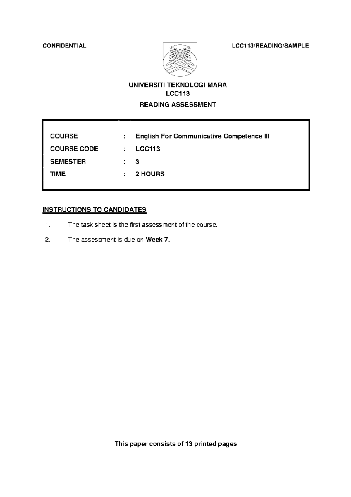 LCC113 Sample of Assessment 1 Reading Assessment - UNIVERSITI TEKNOLOGI MARA LCC READING ...