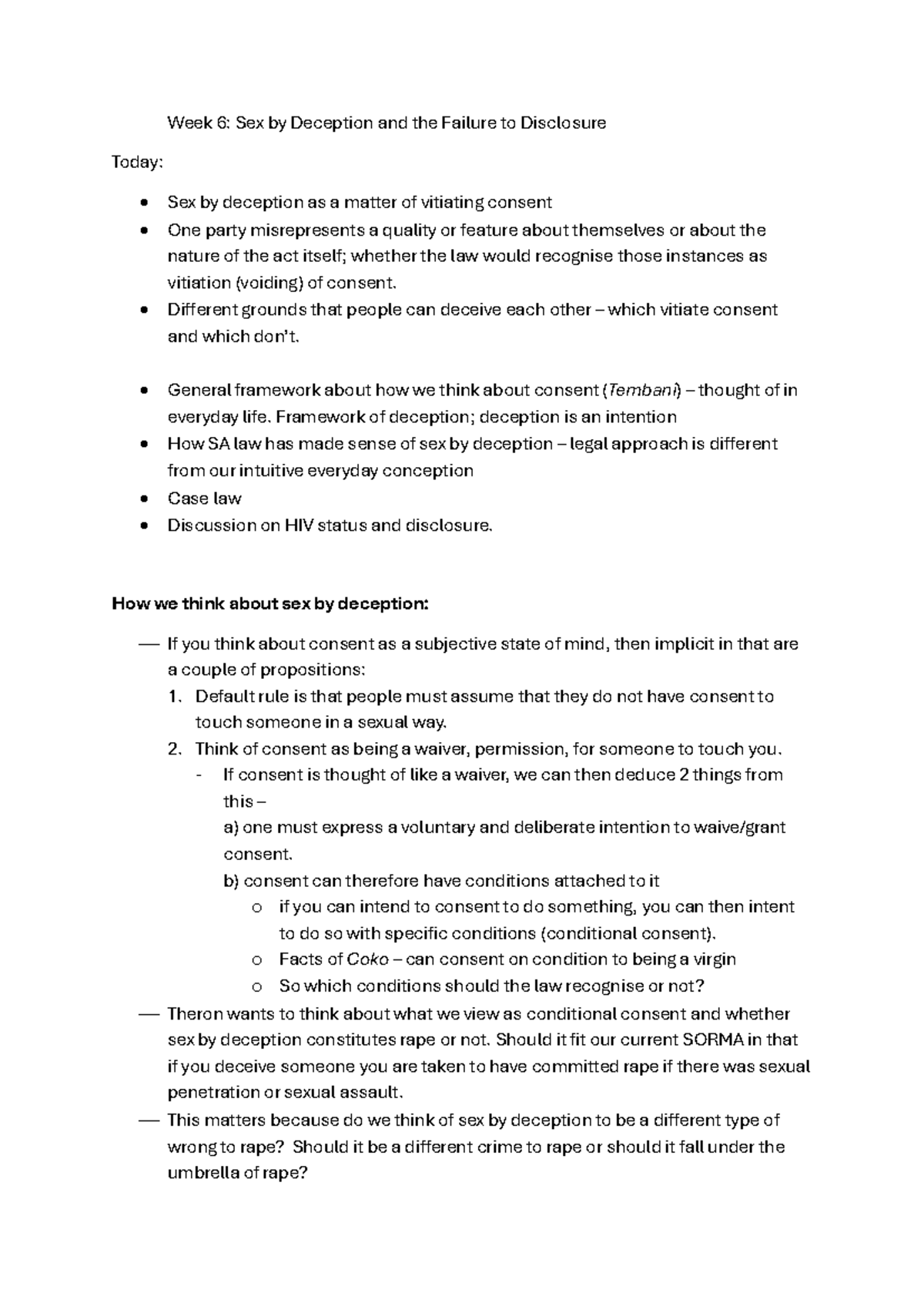 Week 6: Sex Deception and Vitiating Consent in SA Law - Studocu
