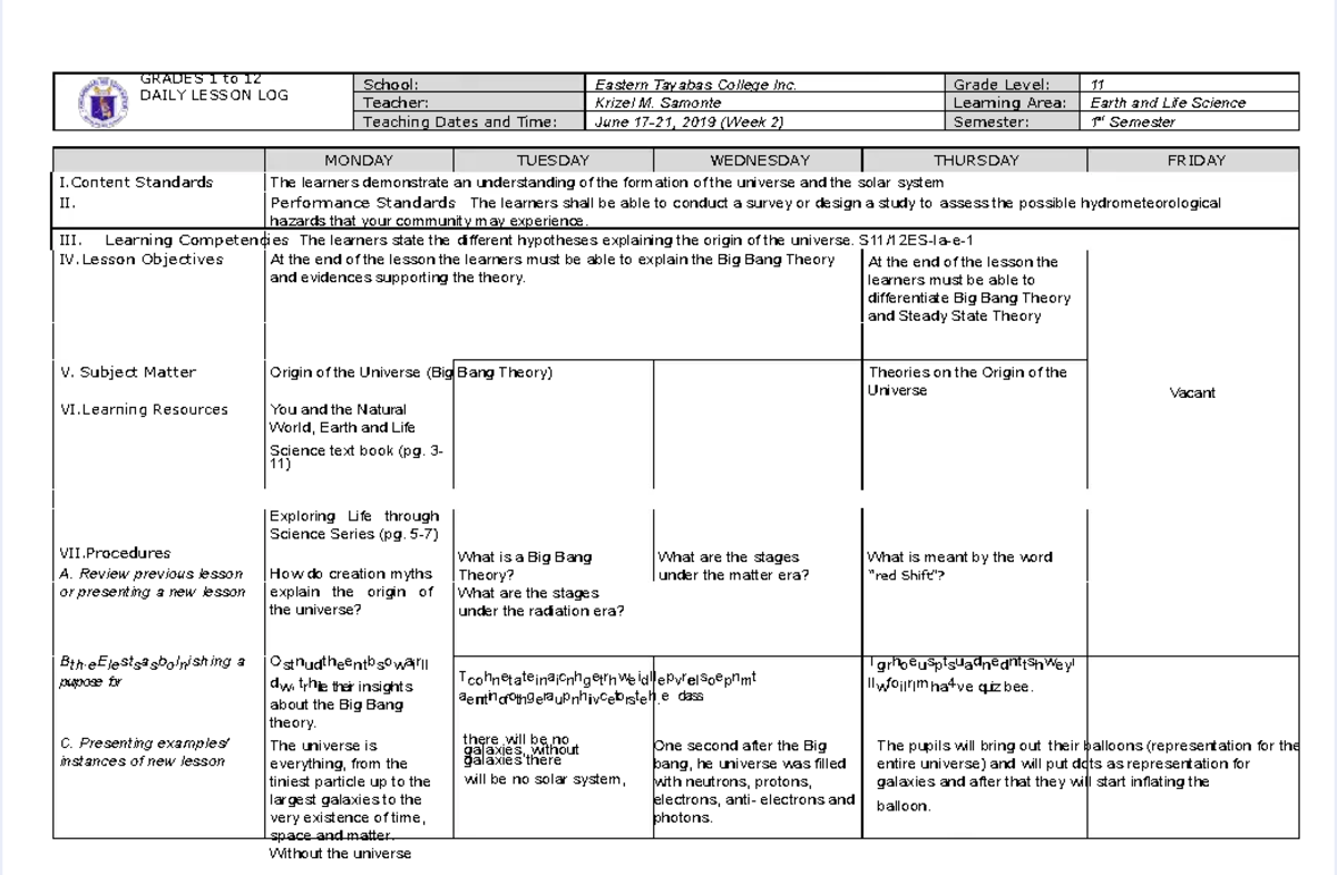 Dll earth and life science week 2 - GRADES 1 to 12 DAILY LESSON LOG ...