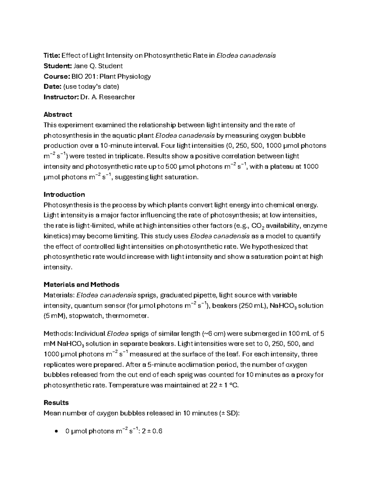Effect of Light Intensity on Photosynthesis in Elodea canadensis (BIO ...