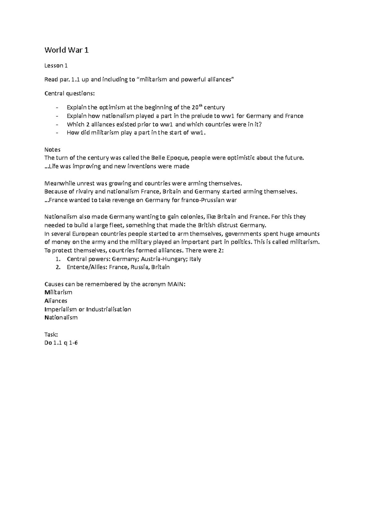 WW1 Causes and Impacts: Lesson Notes (HIST101) - Studeersnel