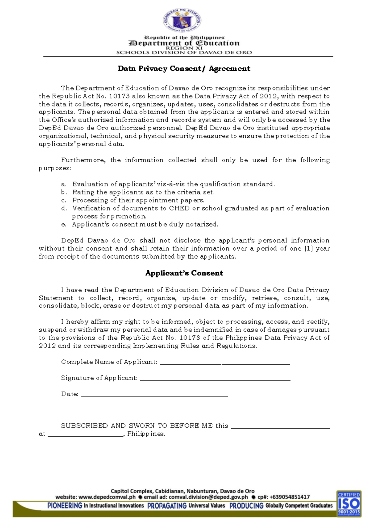 DATA Privacy Consent Agreement for Applicants - DepEd Davao de Oro ...
