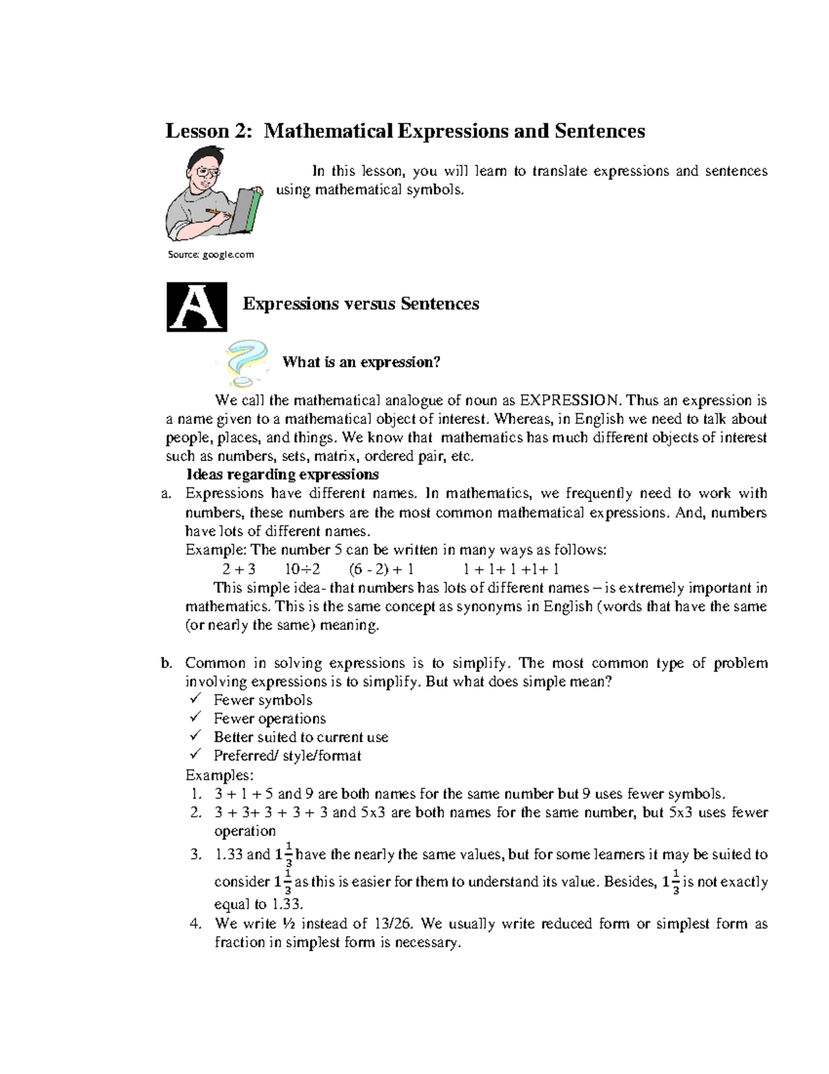 Lesson 2: Understanding Mathematical Expressions and Sentences - Studocu