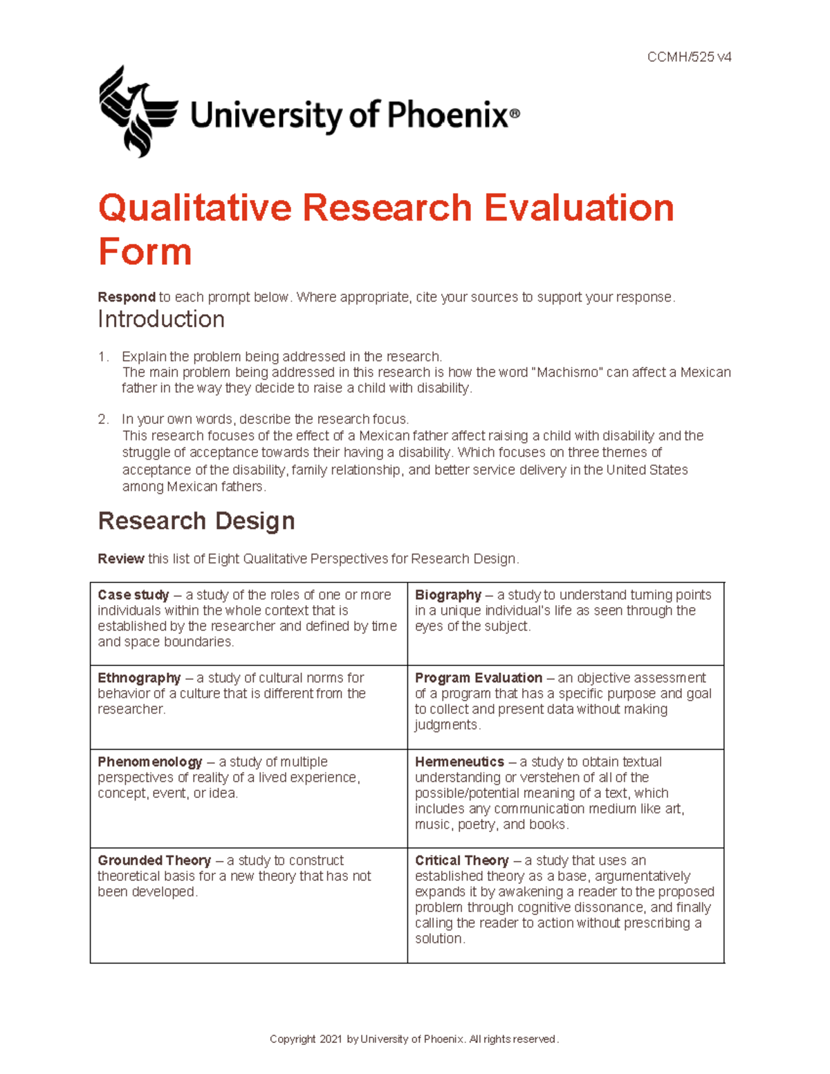 CCMH/525 v4 Week 3 Qualitative Research Analysis Evaluation Form - Studocu