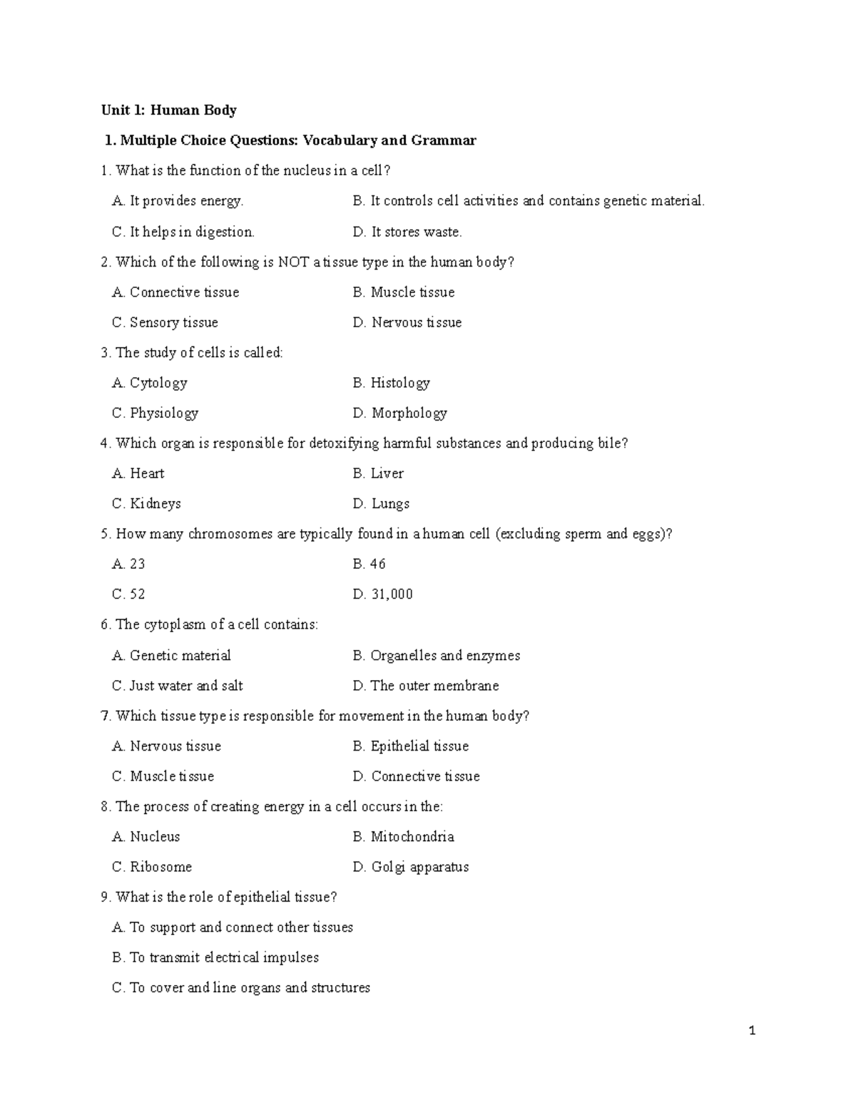 Unit 1: Human Body - MCQs & Grammar Review - Studocu