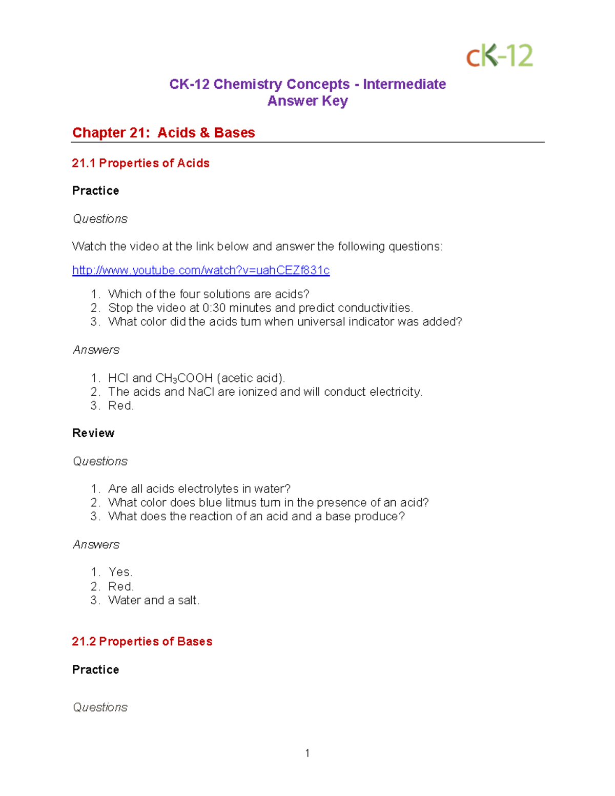 Chemistry Concepts Intermediate Answer Key Chapter 21: Acids Bases ...
