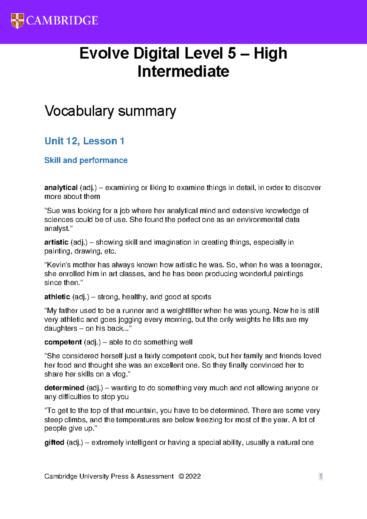 Unit 12 - Evolve Digital Level 5 High Intermediate Vocabulary Summary ...