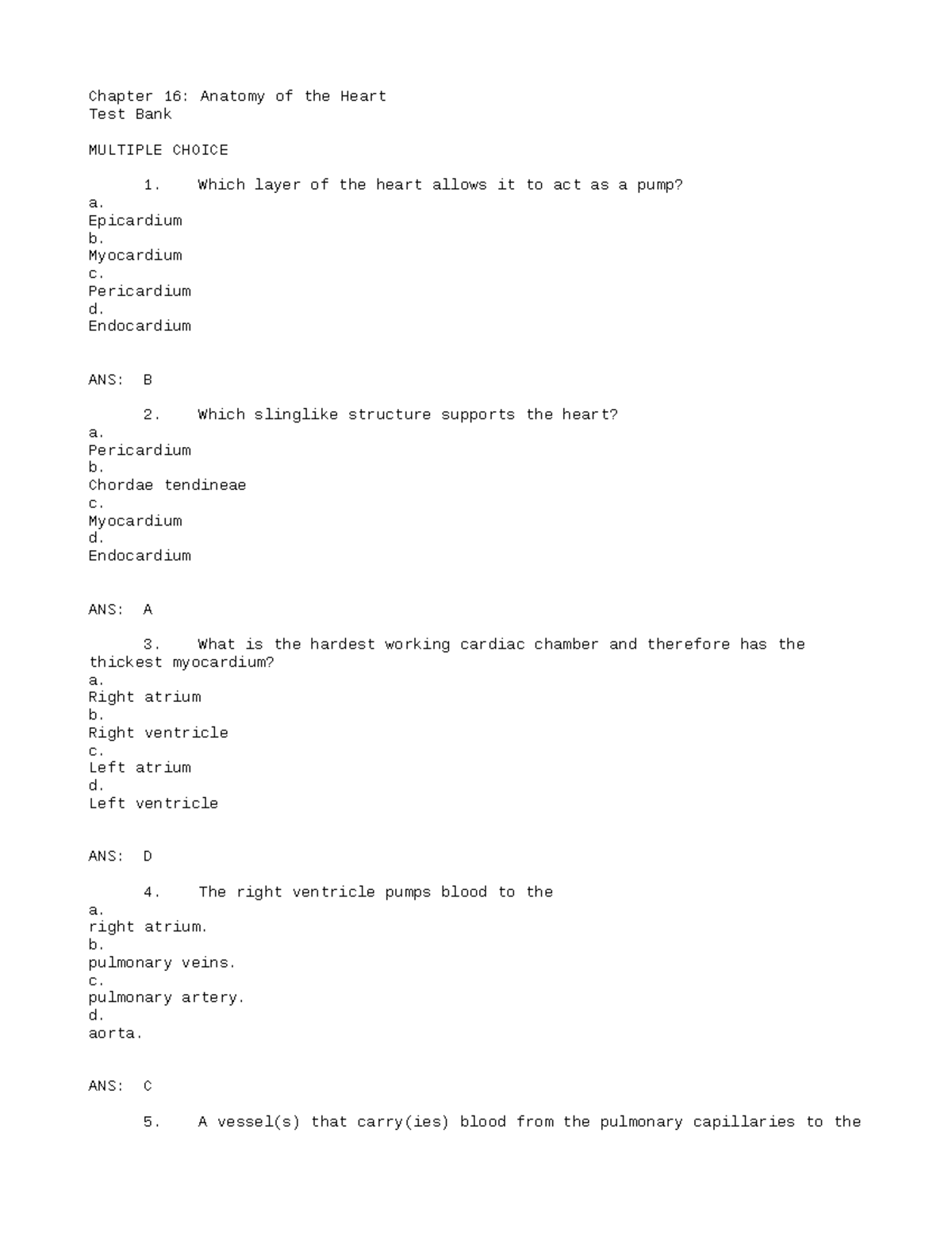 Chapter 16: Anatomy of the Heart - Test Bank Questions & Answers - Studocu